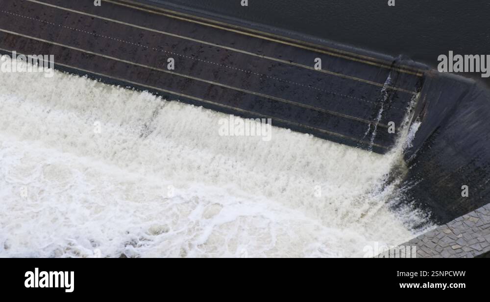 Waterfall river dam. City threshold structure with water foam falls ...