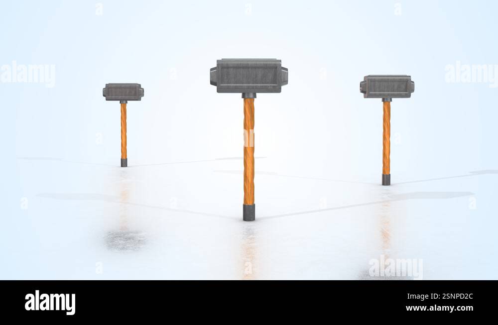 3D Stylized Hammers with Curved Wooden Handles on a Reflective Floor ...