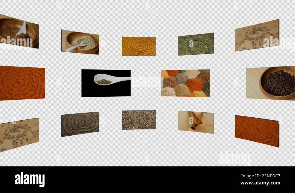 Collage of screens with various spices with alpha channel. Aromatic ...