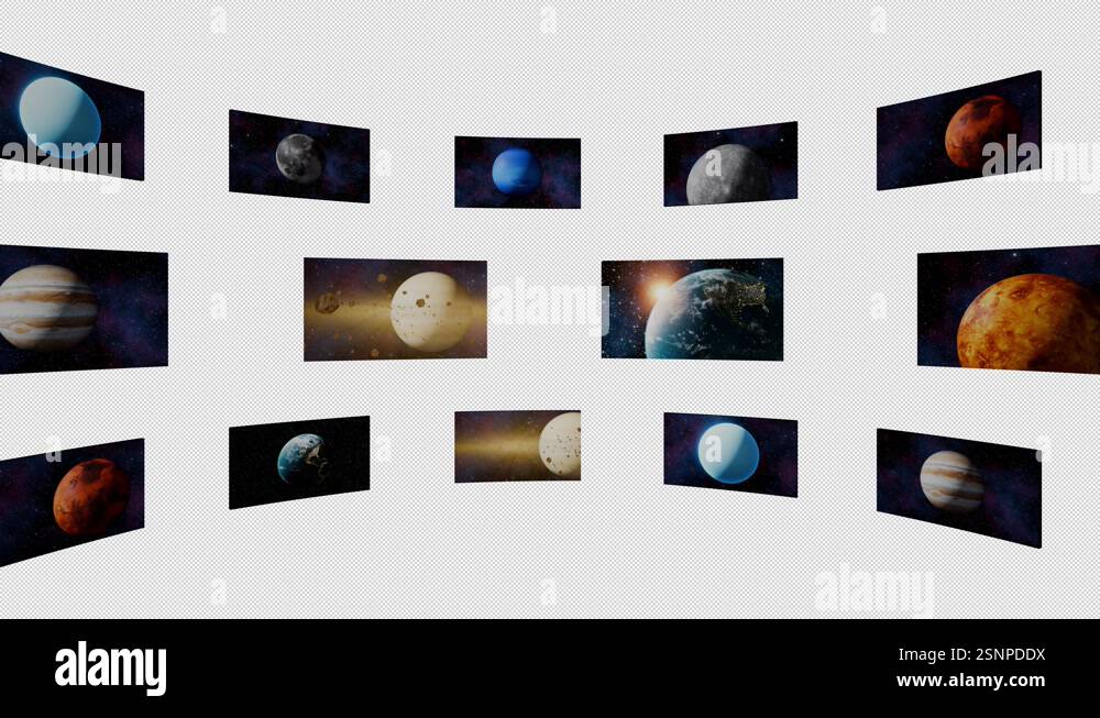 Space collage of rotating screens with 3d render planets of solar ...