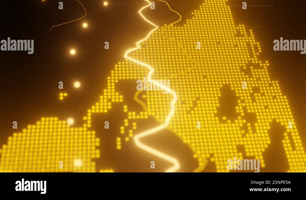 Digital map of Europe with glowing yellow grid, dynamic light trail ...