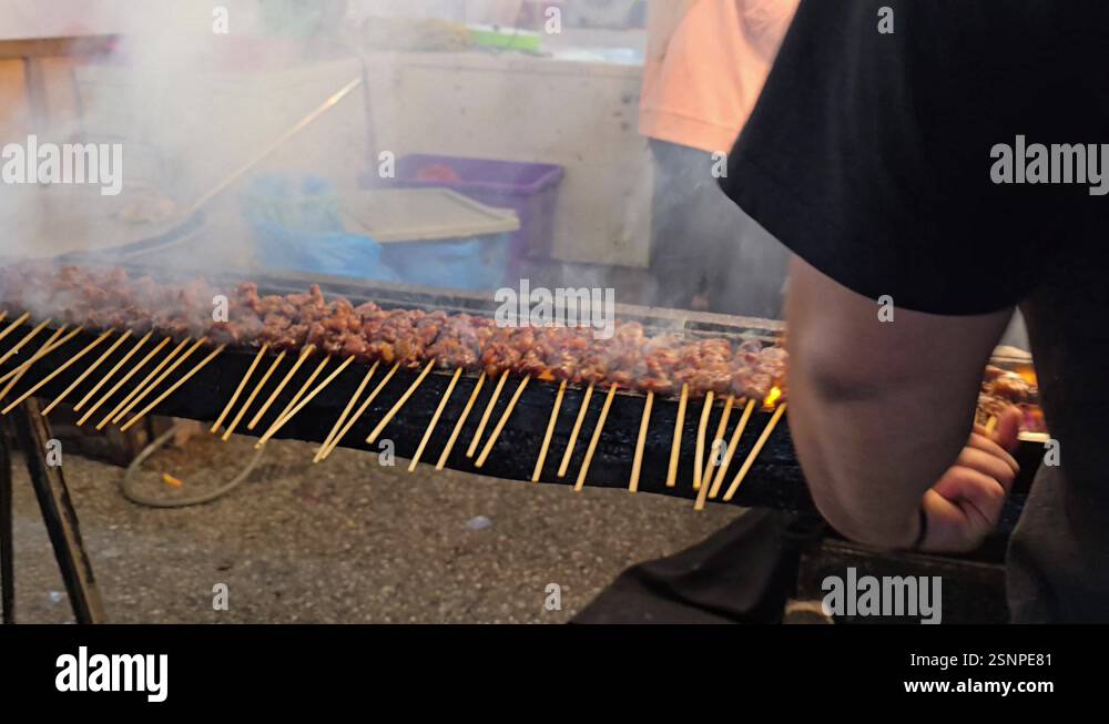 Man Cooking Chicken and Pork Skewers on an Outside Barbecue at a Night ...