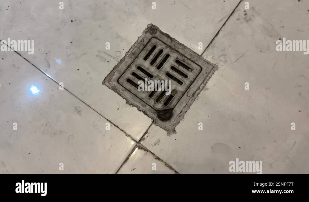 Rusty floor drain unclean bathroom reveals mold stained tiles clogged ...