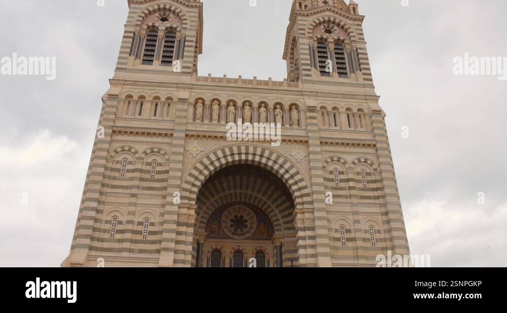 Tilt down shot of Marseille Cathedral in France. A legacy of Neo ...