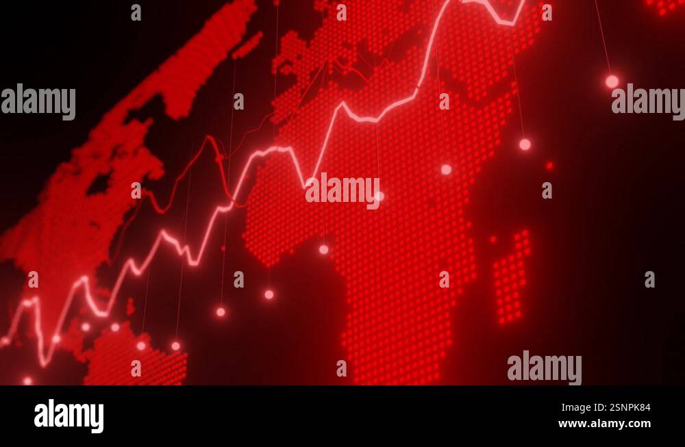 Digital red world map with glowing points and upward graph line ...