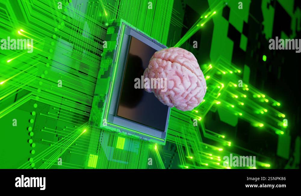 Human brain model on a microchip with glowing neon connections on a ...