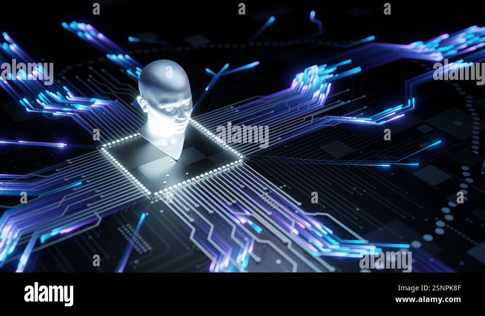 Human head model on a microchip with glowing blue digital connections ...