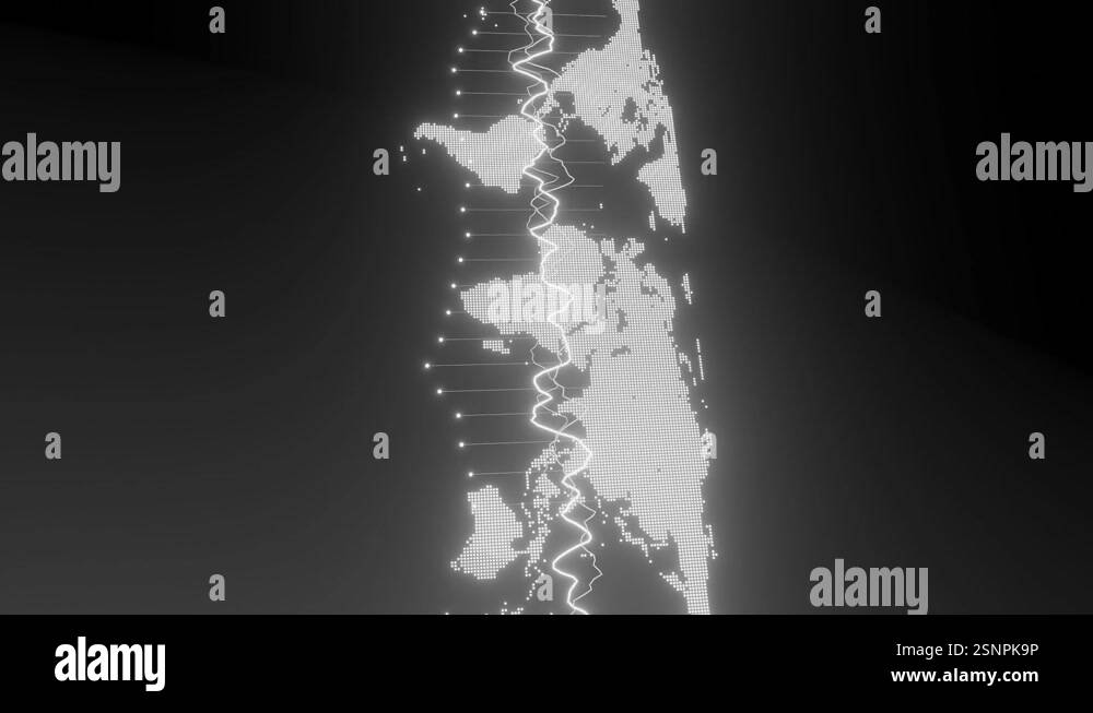 Vertical world map in digital dotted style with dynamic glowing data ...