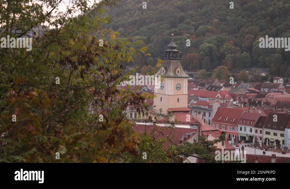 Hillside View Of Brasov Town Hall Clock Tower And Red Roof Buildings ...