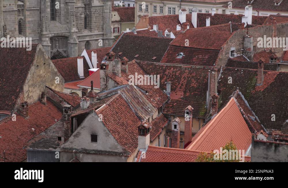 Rooftop View Of Brasov City In Romania, Red Rooftops Dense Buildings in ...