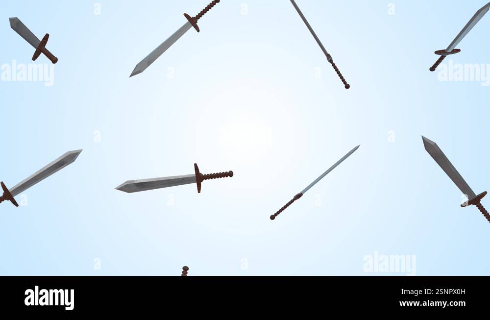 Stylized Swords Falling on a Light Blue Background. 3D Sword with ...