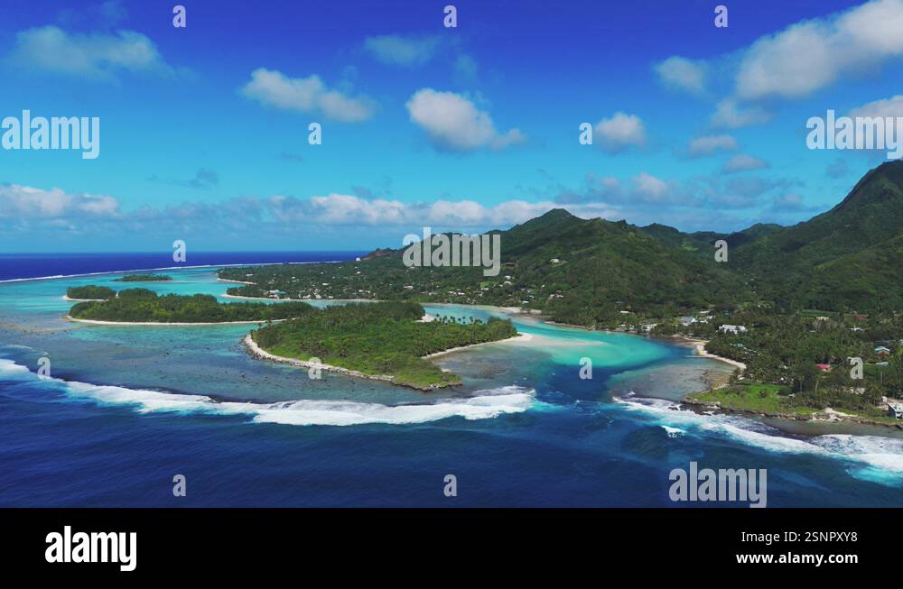 Drone view of Muri Beach and Lagoon in Rarotonga, Cook Islands ...