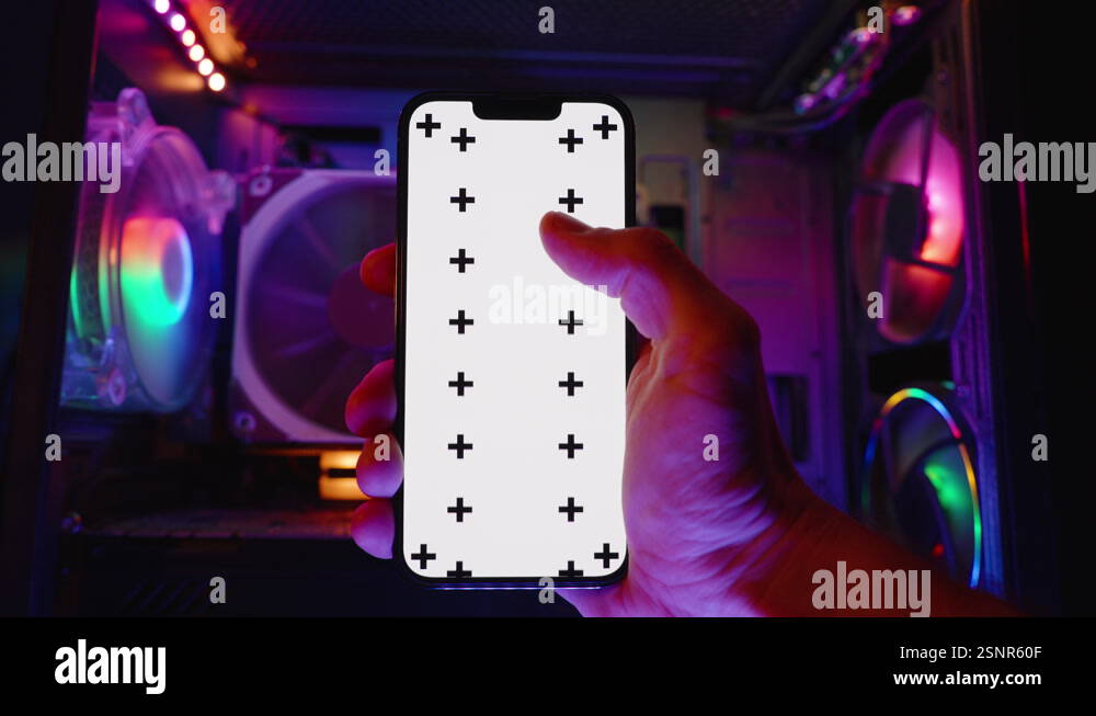 Hand Holding Smartphone With White Screen And Markers In Front Of RGB ...