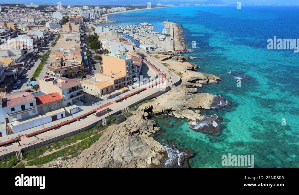 Coastal views of Can Picafort and Son Baulo in Mallorca on a sunny day ...