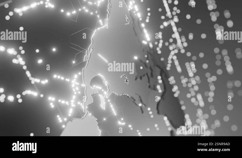 North America on a digital map with glowing white network connections ...