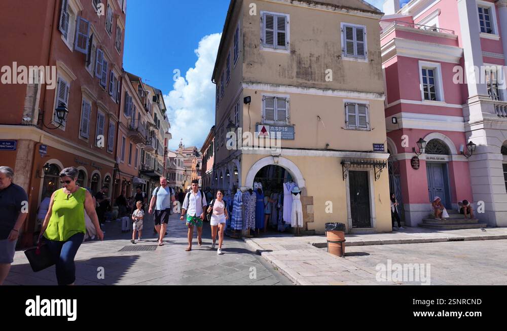 Corfu Greece Greek Island old town square walking tour in summer season ...