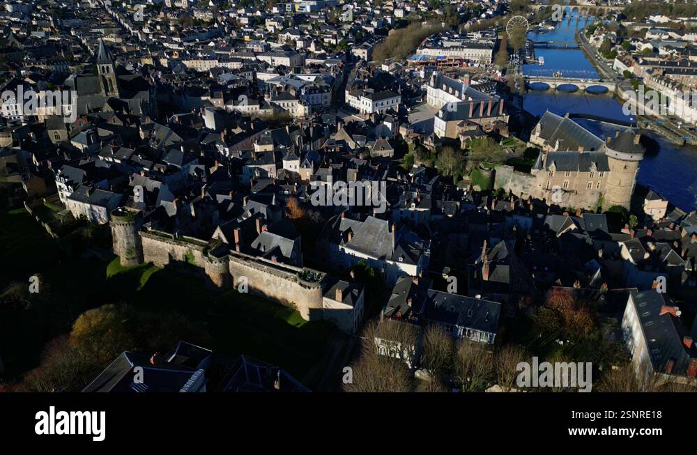 Castle and South Bastion with Mayenne river, Laval cityscape, France ...
