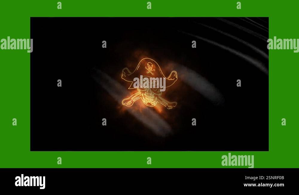 flag of pirates skull icon fire effect green screen background Stock ...