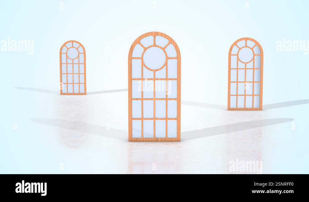 Wooden Glass Windows on a Light Reflective Floor. Glass Windows 3D ...
