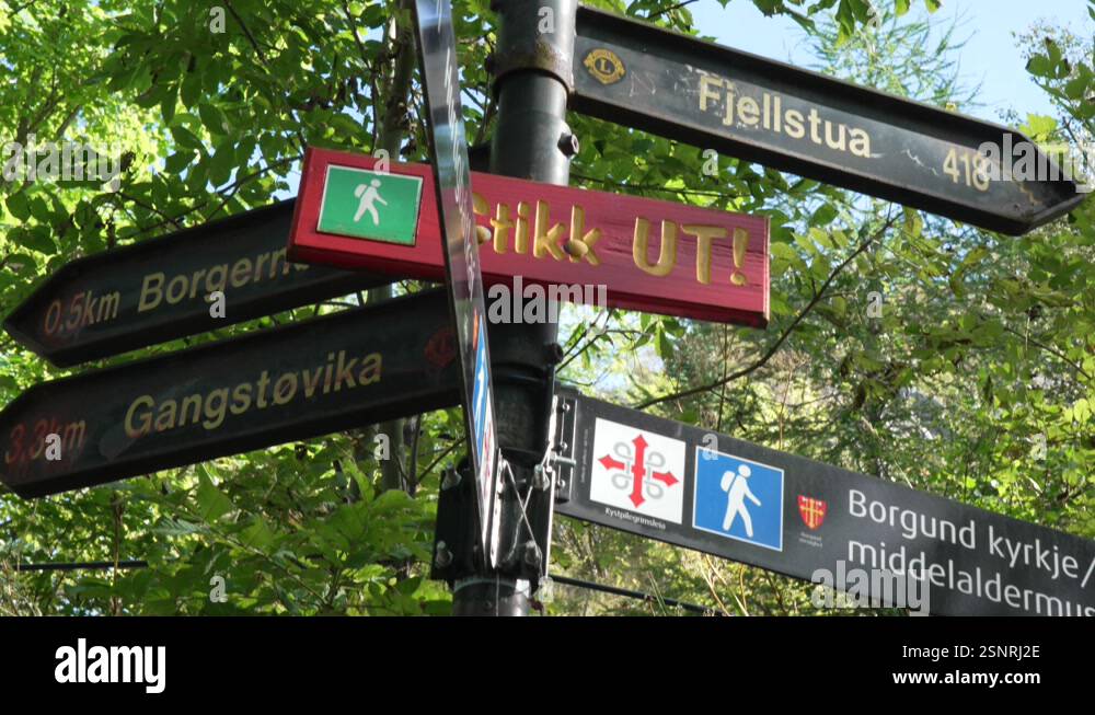 Hiking trail signpost showing distances and directions in norway Stock ...