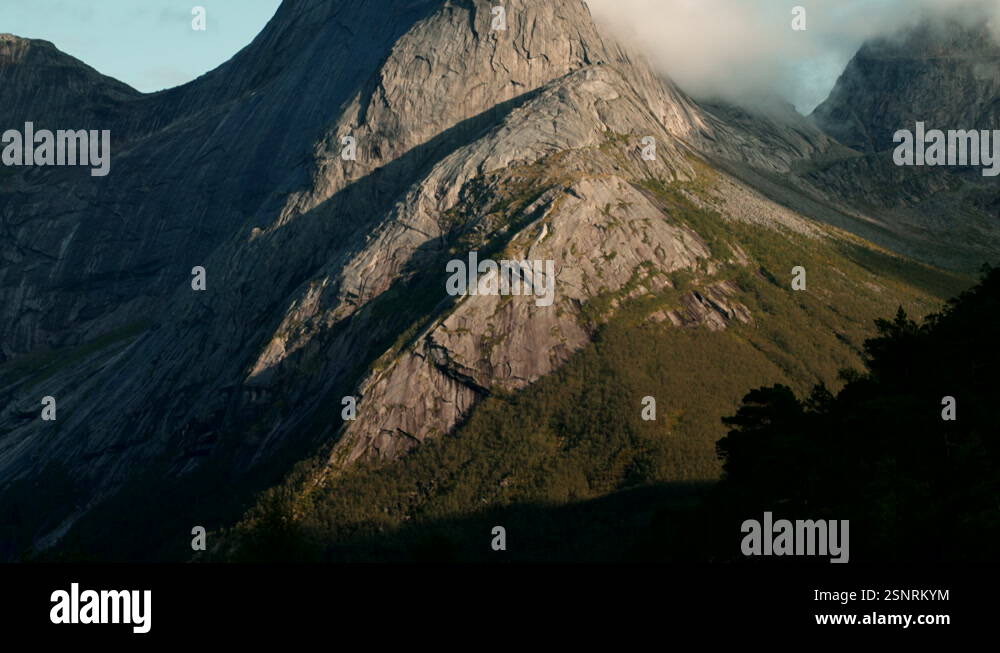 Stetind - A National Mountain Of Norway In Summer. - tilt up shot Stock ...