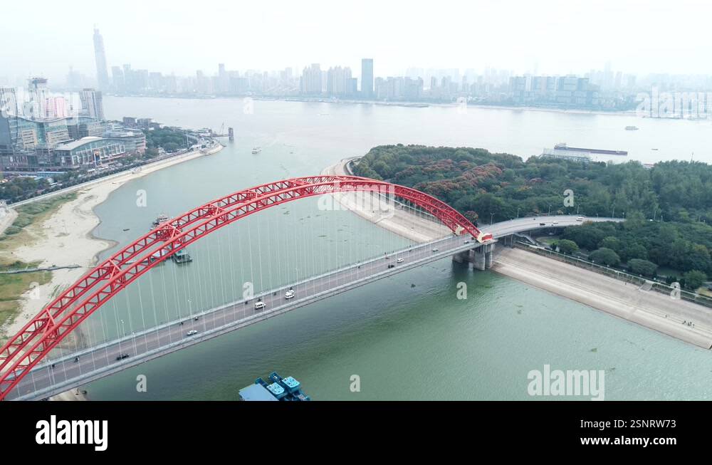 An aerial view of the Wuhan Yangtze River Bridge with a steady flow of ...