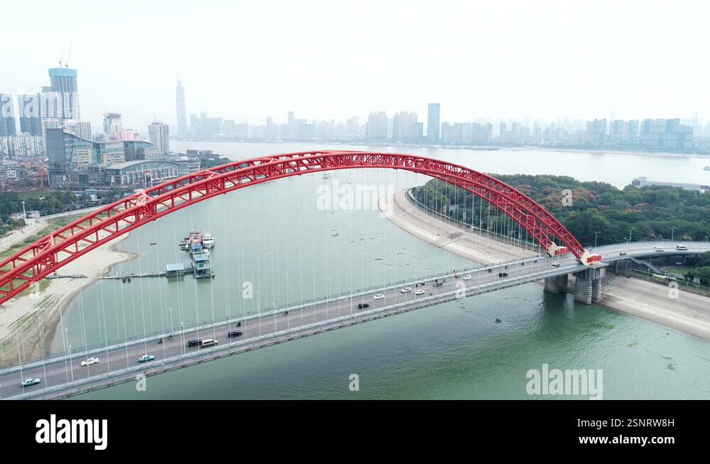 An aerial view of the Wuhan Yangtze River Bridge with a steady flow of ...