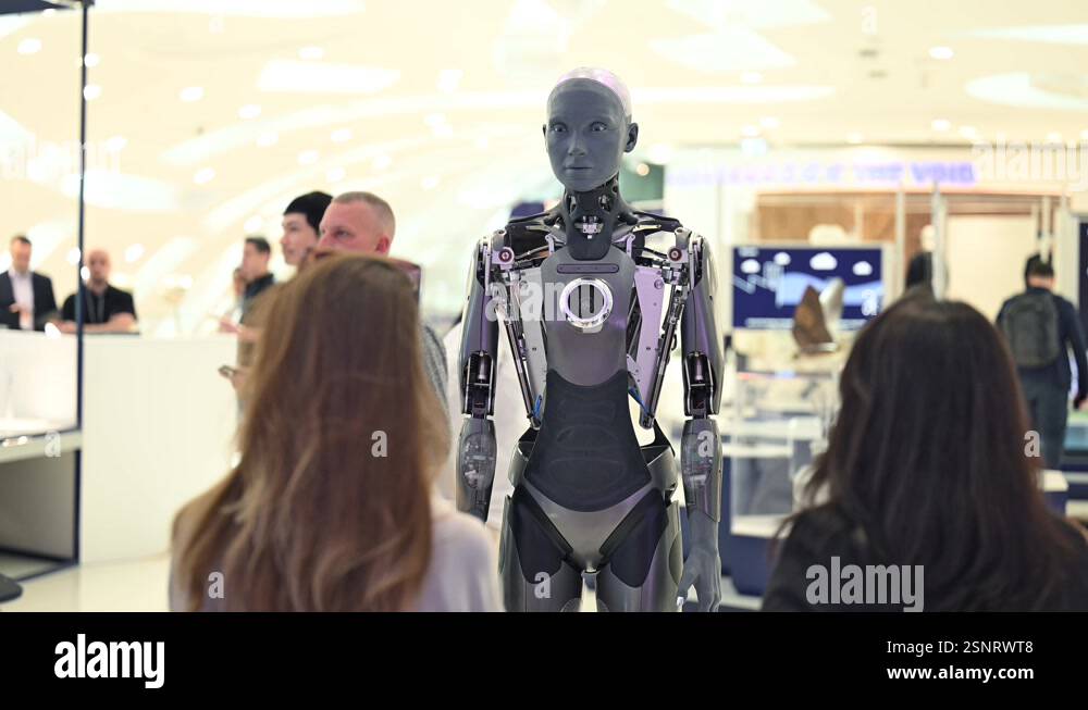 Experience the future: Ameca, the world’s most advanced humanoid robot, greets Stock Video ...