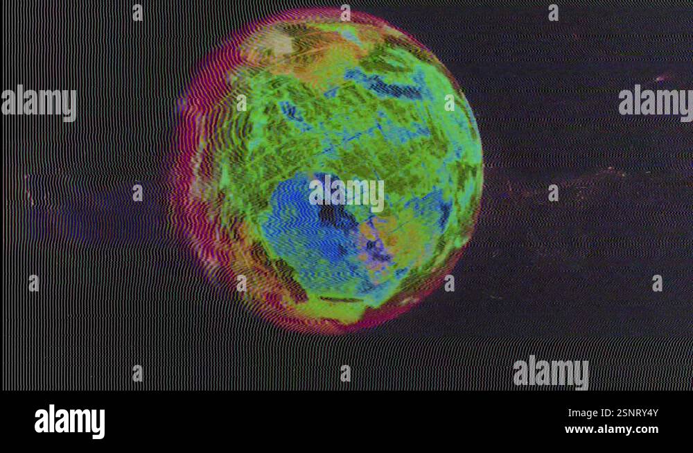 Zoom in shot on glitch Globe, Planet Earth in epic VHS retro tv style ...