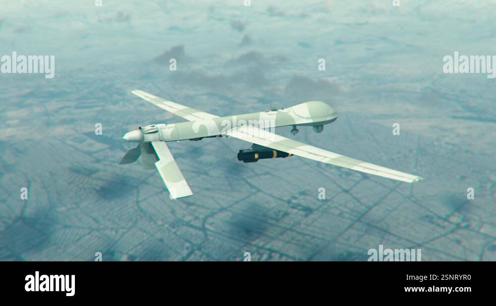 armed military drone flying over a large city with lots of buildings ...