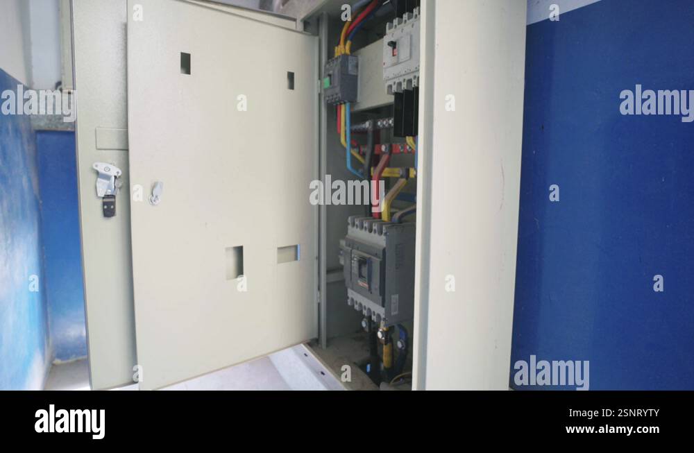 Industrial electrical cabinet showing wiring and circuit breakers Stock ...