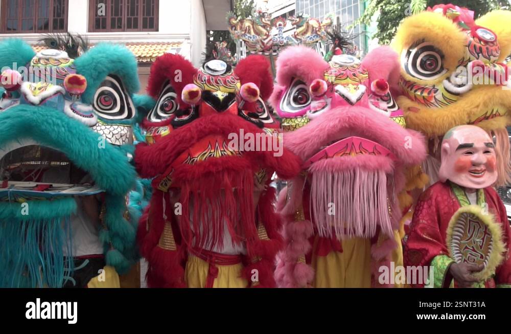 Chinese lions performing, Lunar new year celebration in Chinatown, Slow ...