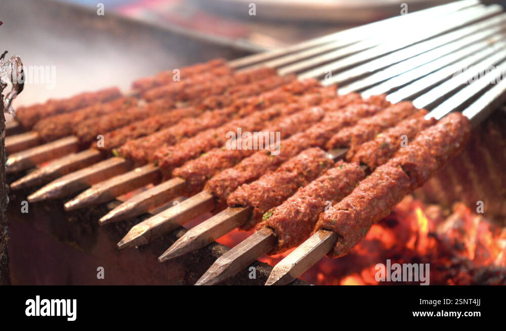 Shashlik BBQ grill over charcoal at street stand in Mumbai, India Stock ...