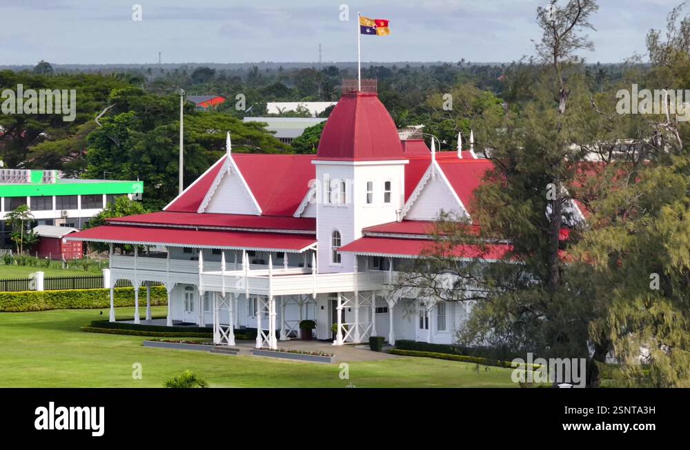 Kings Royal Palace with flag in Tonga. Beautiful aerial of historic ...