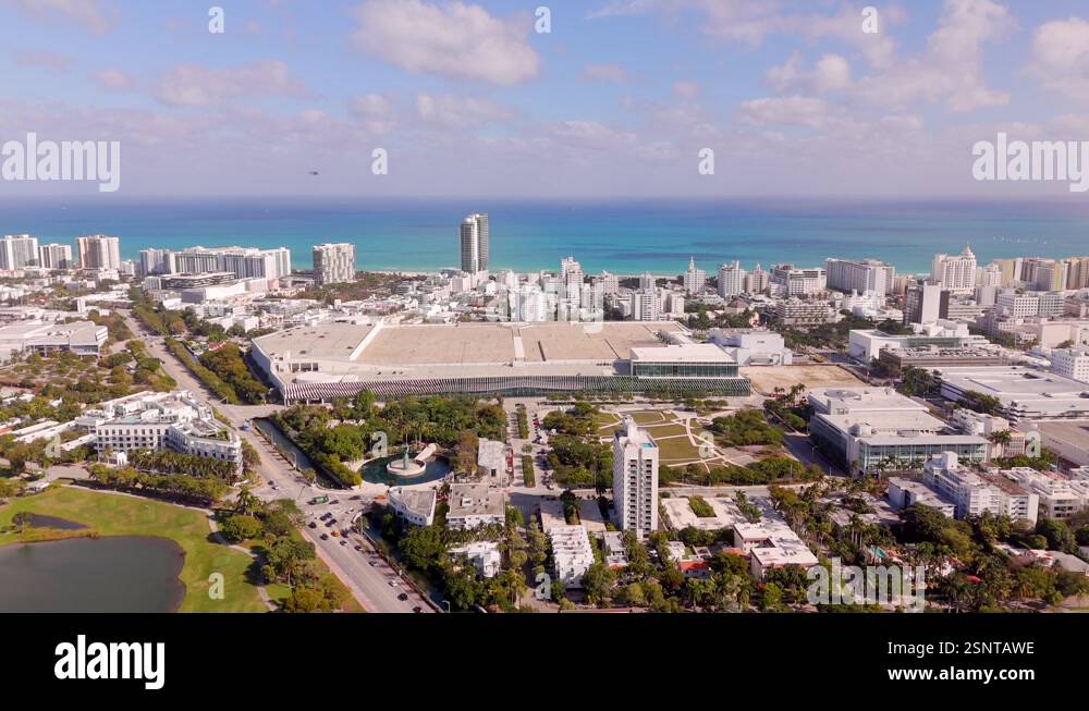 Miami Beach Convention Center 2025. Aerial view of city buildings and ...
