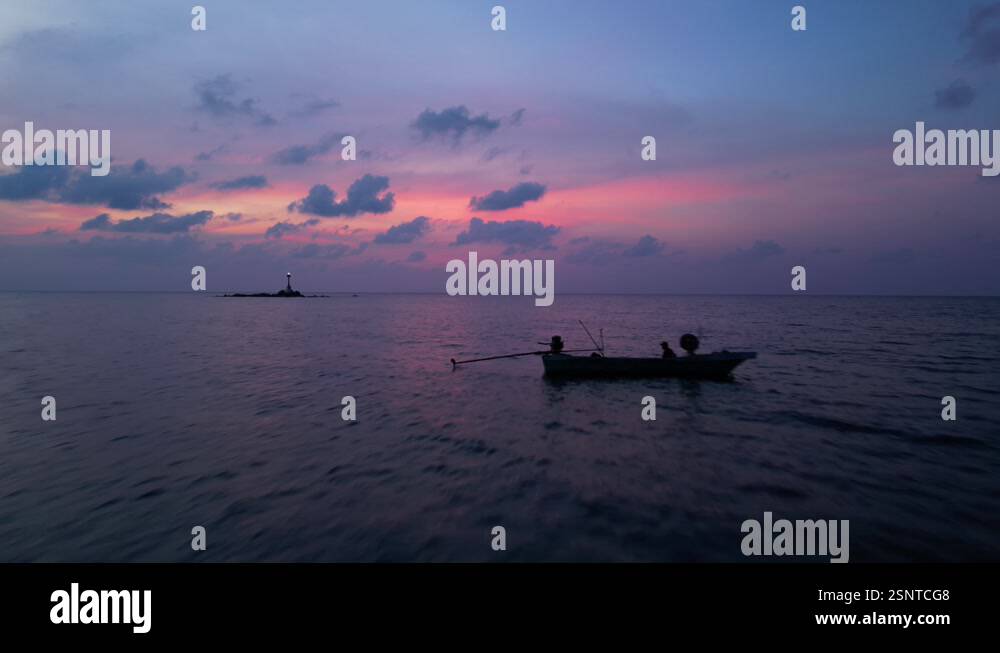 Flyover fisherman boat with dramatic sky after sunset in Thailand Stock ...