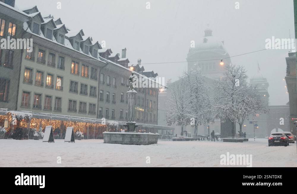 Strong snow in Bern near parliament building, winter in Switzerland ...