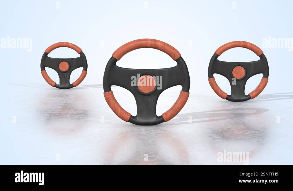 Car Steering Wheels on a Light Reflective Floor. Steering Wheel 3D ...