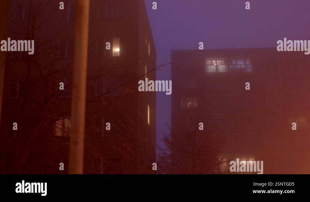 A mysterious fog envelops a city at night, with dim street lamps ...