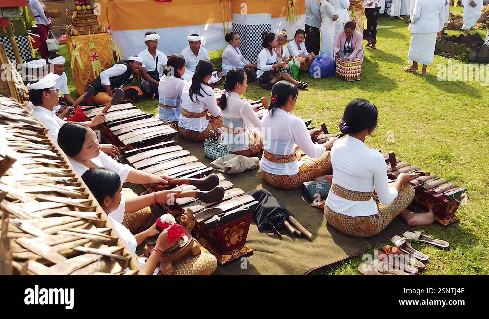 Gamelan group plays Selonding music at a Hindu temple Ceremony of Bali ...