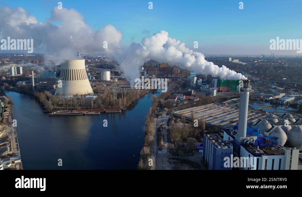 Waste energy plant releasing, smoke chimney. Marvelous aerial view ...