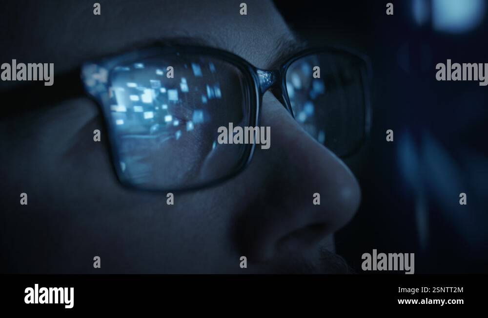 Computer Screen Reflection In Glasses Dark Room Technology Digital ...