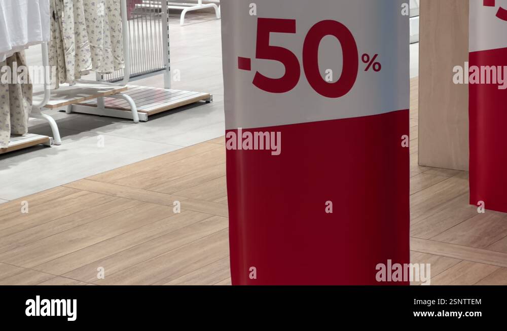 Shopping mall sale sign with 50 percent discount, big red number in ...