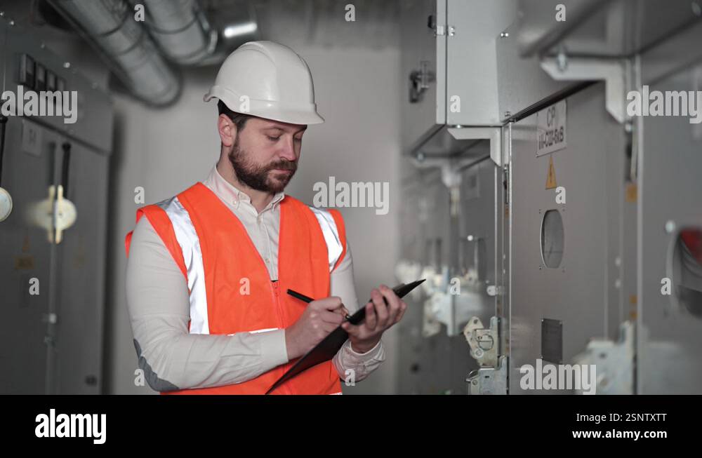 Electrical Engineer Inspects Control Panels and Switchboards in ...