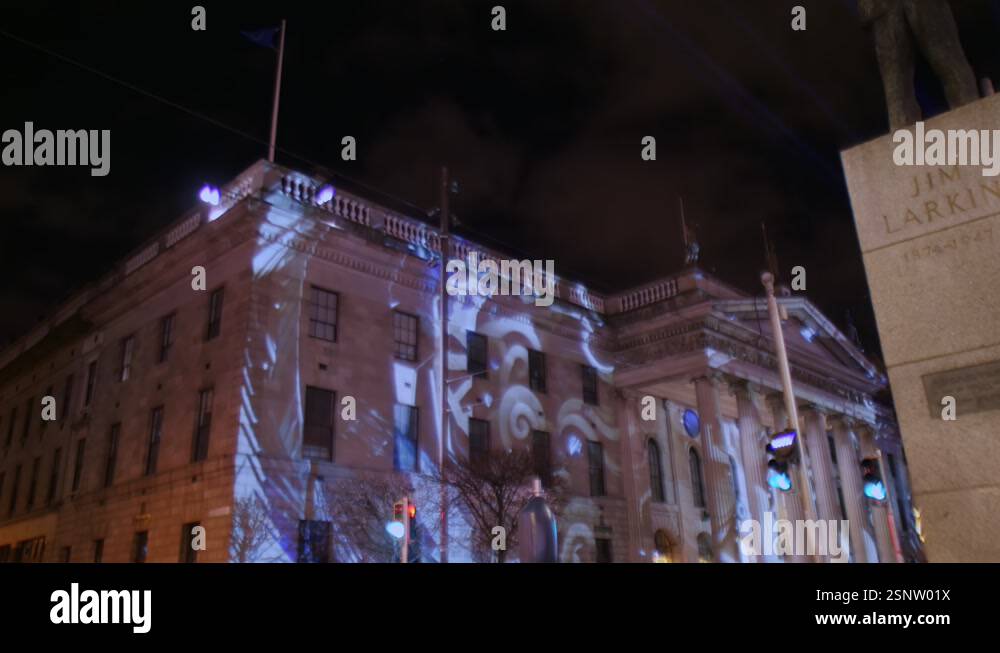 Jim Larkin Monument with GPO Facade Projections and Spire Winter Lights ...
