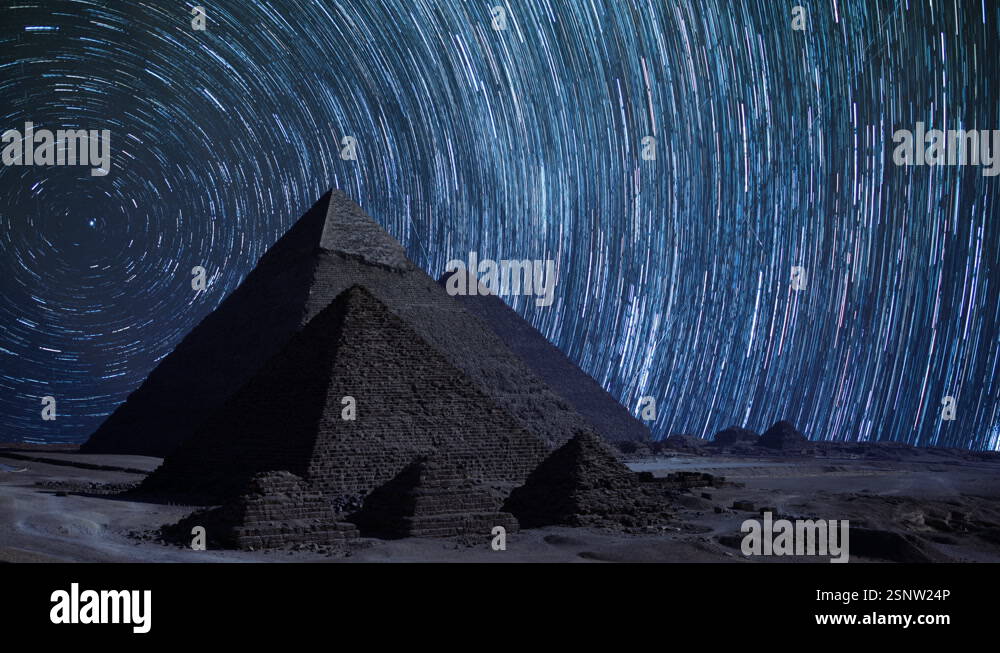 Egypt Giza Pyramids and Star Trails Around Polaris in the Night Starry ...