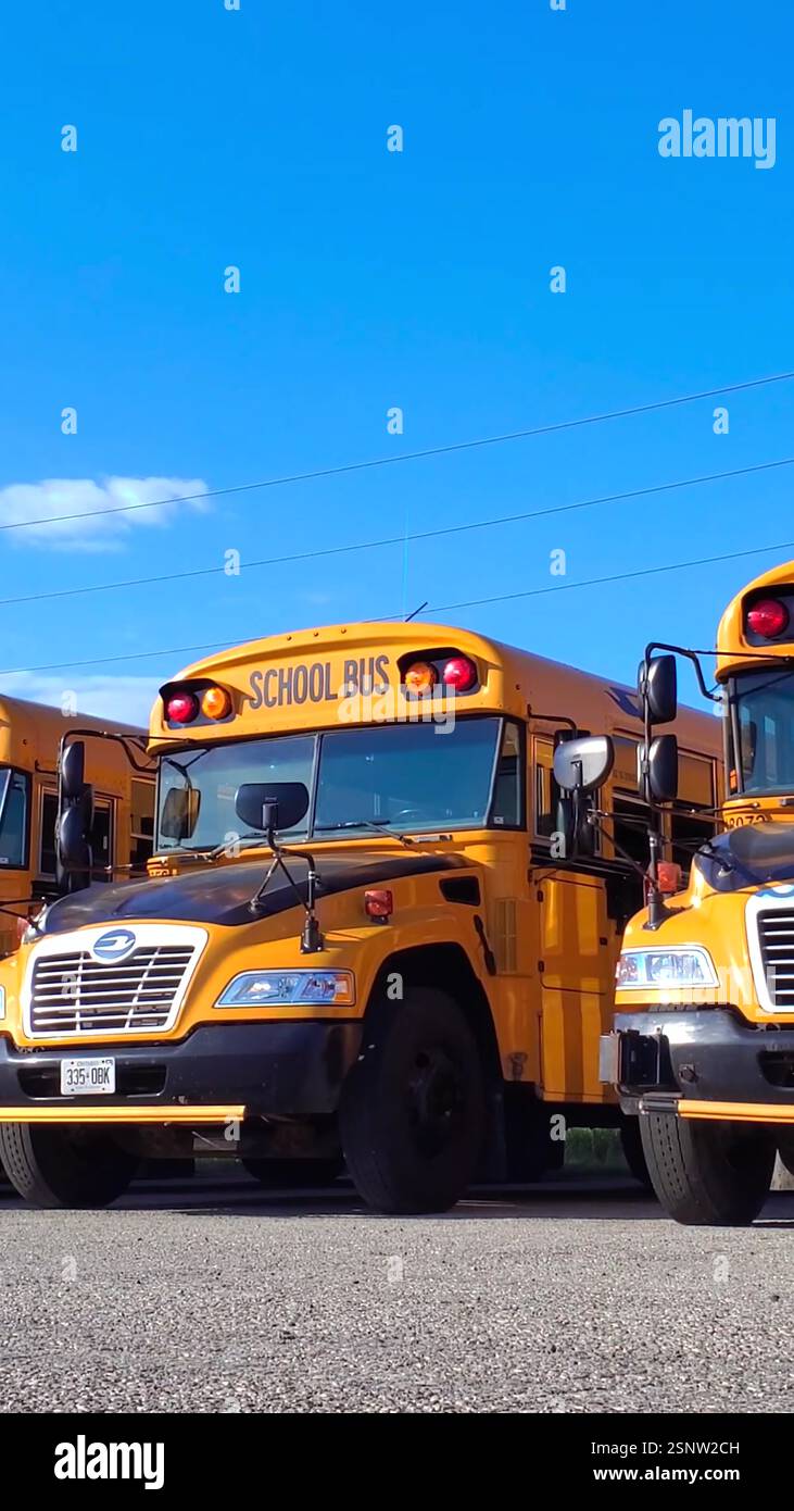Row of yellow school buses lined up at parking lot ready to take kids ...