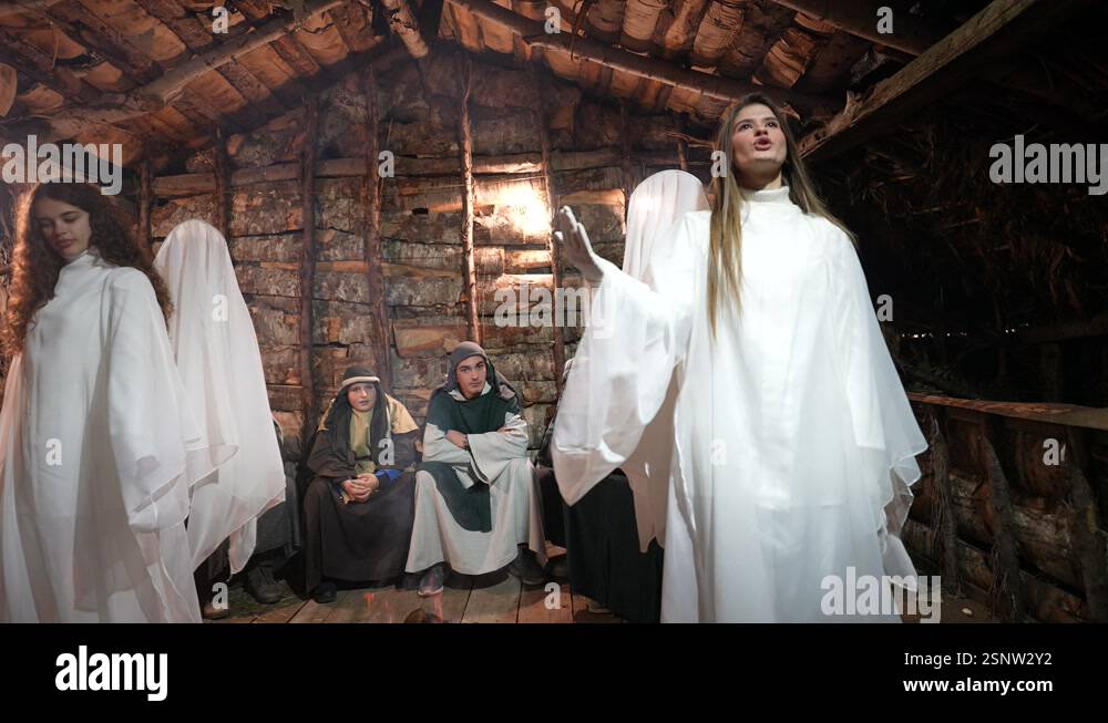 Angels in Theatrical Nativity Scene Reenactment of Jesus Birth with ...