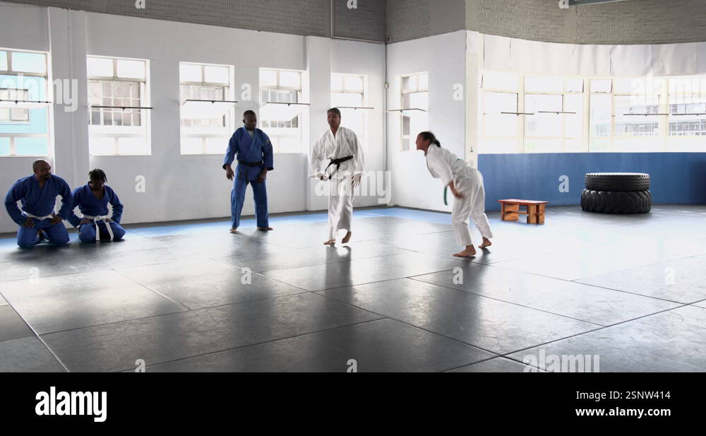 Practicing judo, group of people in martial arts uniforms in dojo Stock ...