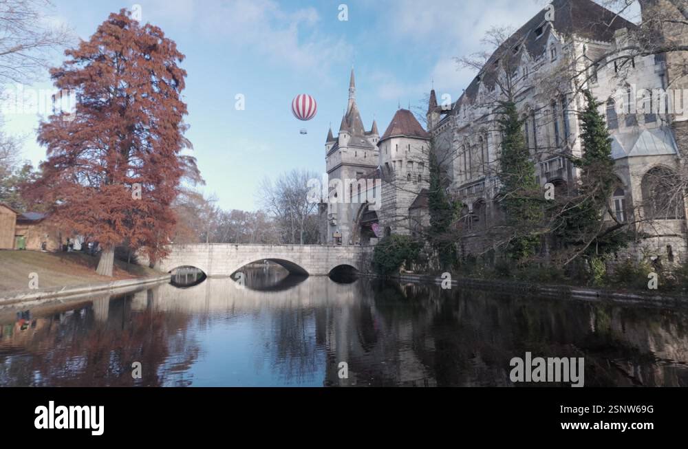 Balloon in sky over moat and bridge of Vajdahunyad Castle, Budapest ...
